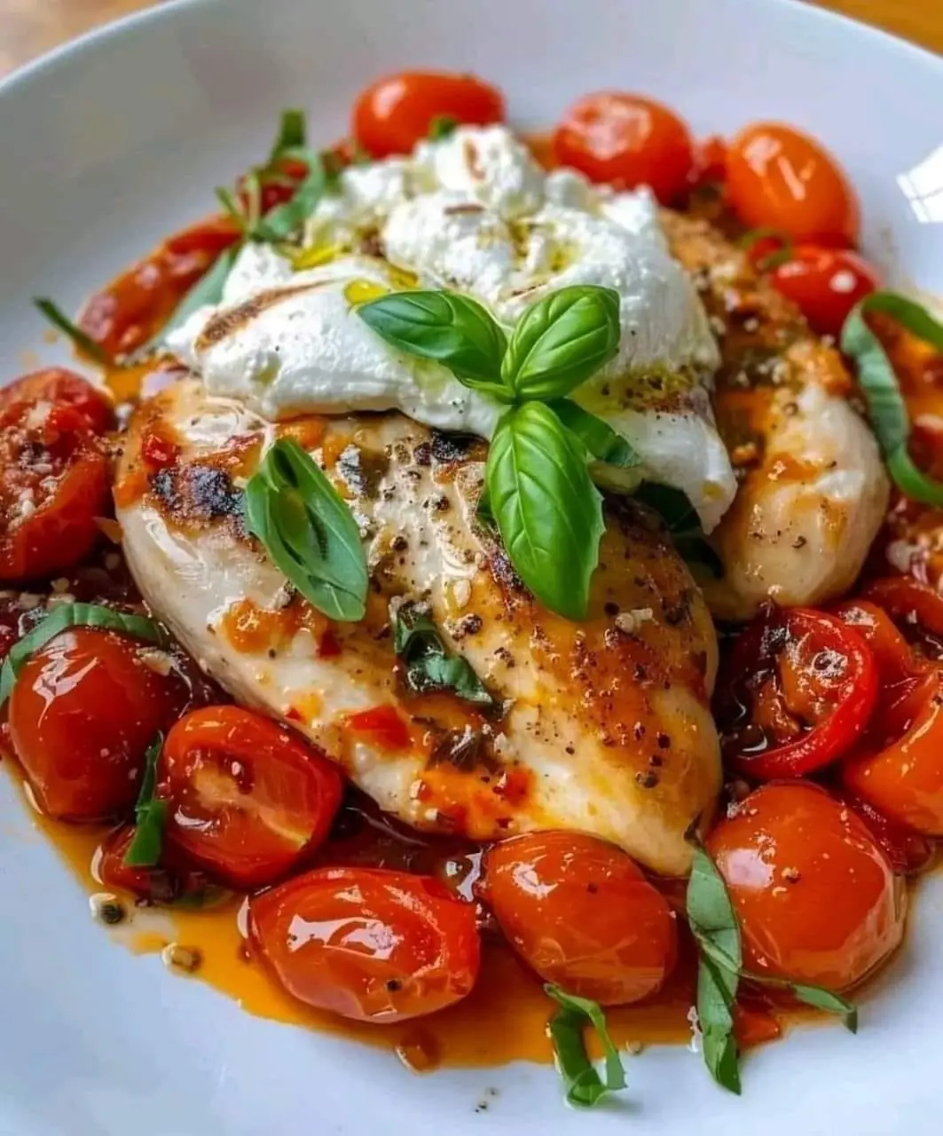 Chicken with Braised Tomatoes and Burrata