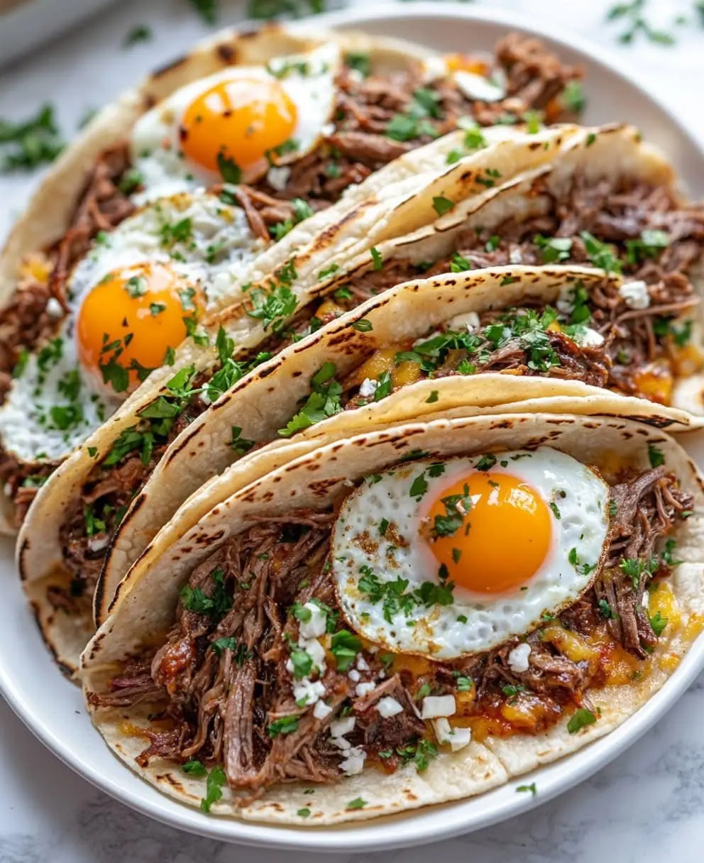 Pulled Beef Tacos with Fried Egg