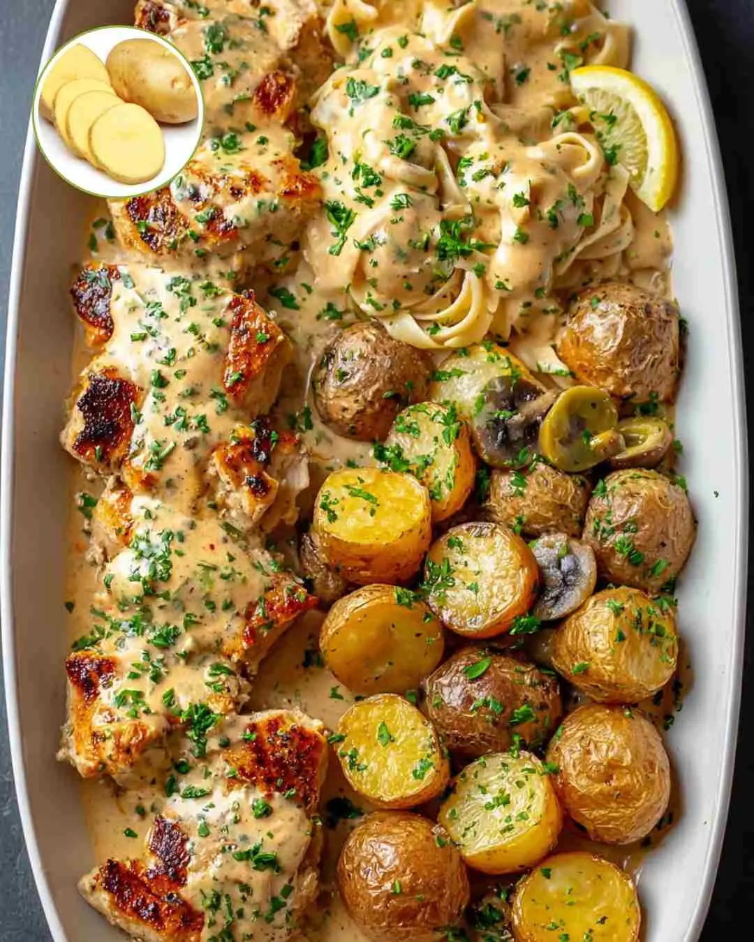 Ultimate Creamy Chicken with Roasted Potatoes & Pasta